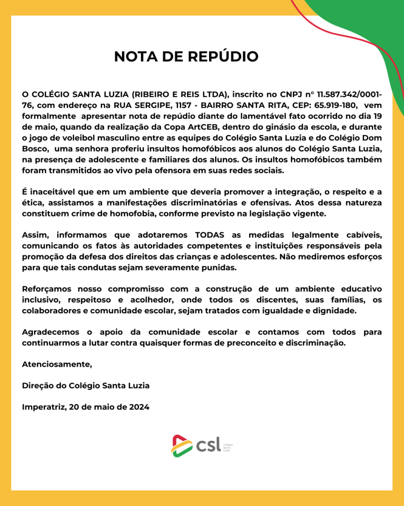 Nota de repúdio - Colégio Santa Luzia